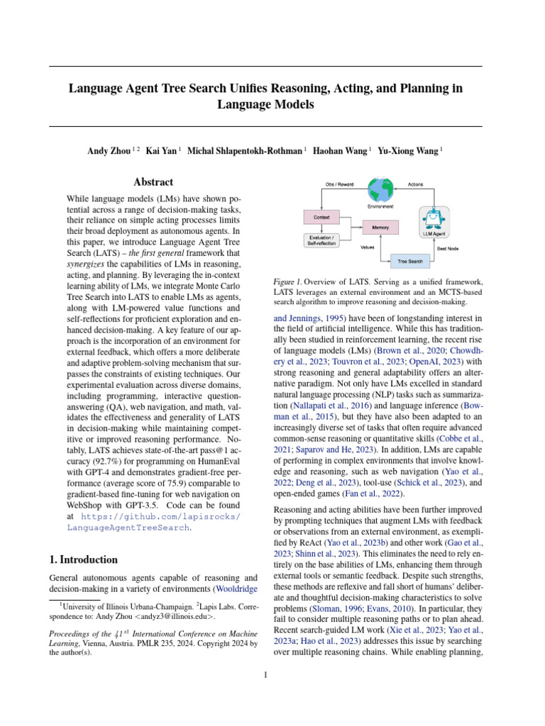 Language Agent Tree Search Unifies Reasoning Acting and Planning in Language Models | PDF