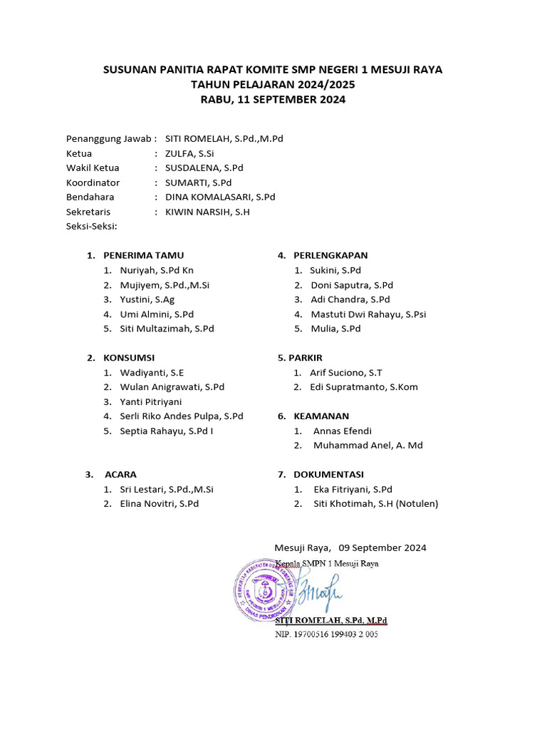 Susunan Panitia Rapat Komite SMP Negeri 1 Mesuji Raya | PDF
