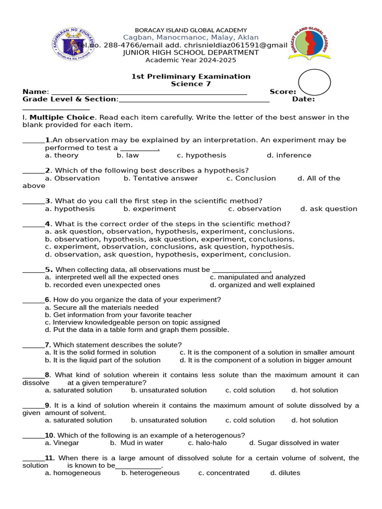 1st Preliminary Examination - Grade 7 Science 2024-2025 | PDF