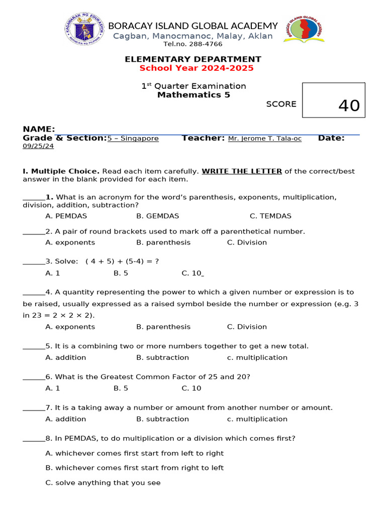 Grade 5 Math 1st Quarter Examination 2024-2025 | PDF