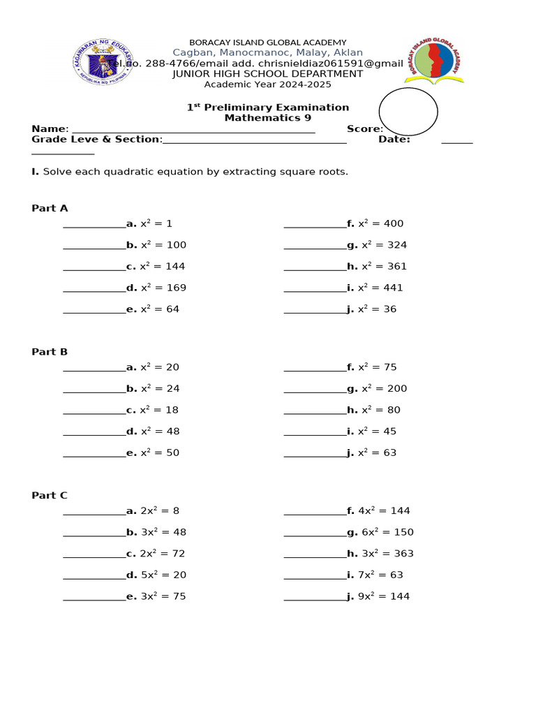 1st Preliminary Examination - Grade 9 Math 2024 2025 | PDF