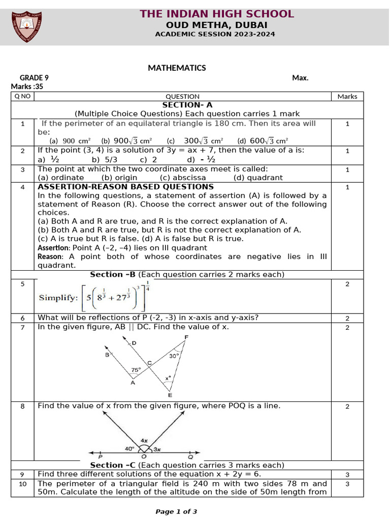 Grade9 Math - Practice Paper | PDF