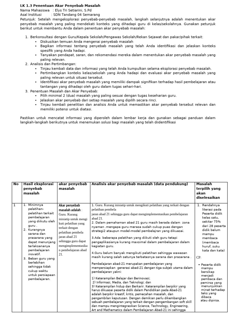 LK 1.3 Penentuan Akar Penyebab Masalah - Umum (1) SKL 2 | PDF