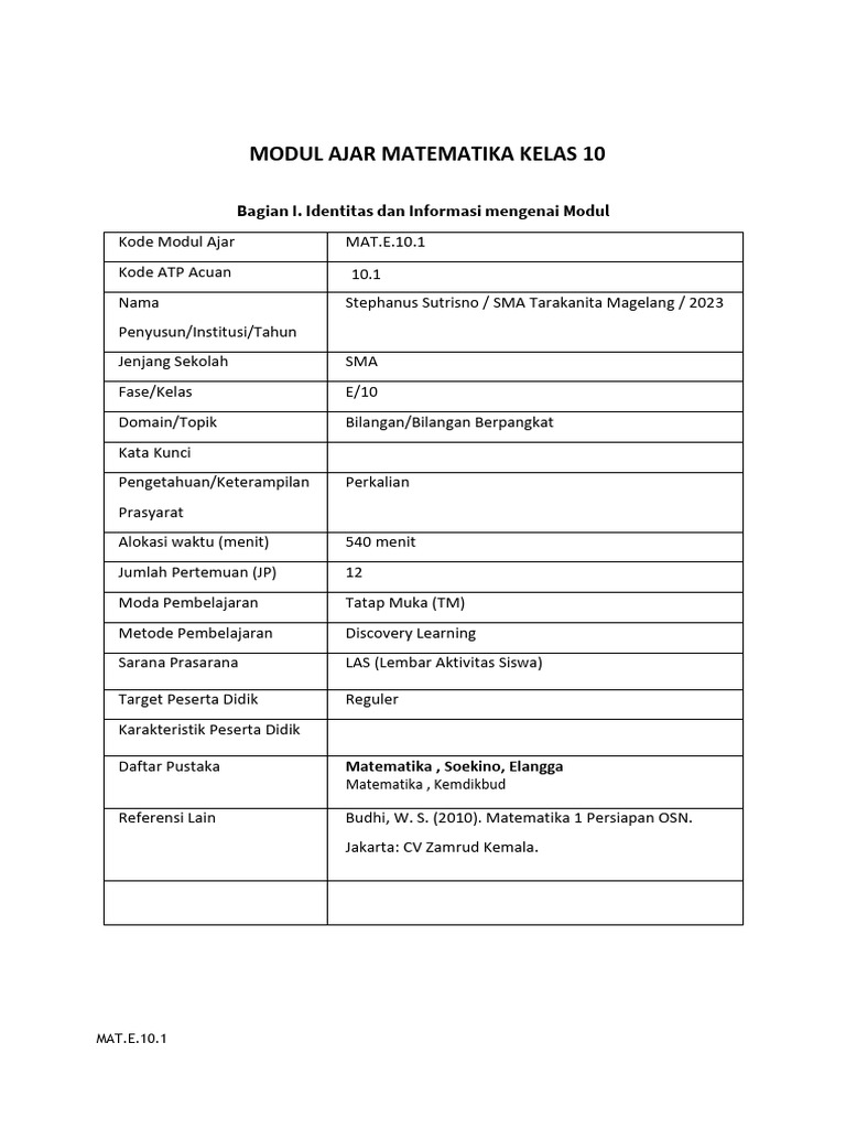 Modul Ajar Matematika Kelas X Bilangan Berpangkat | PDF