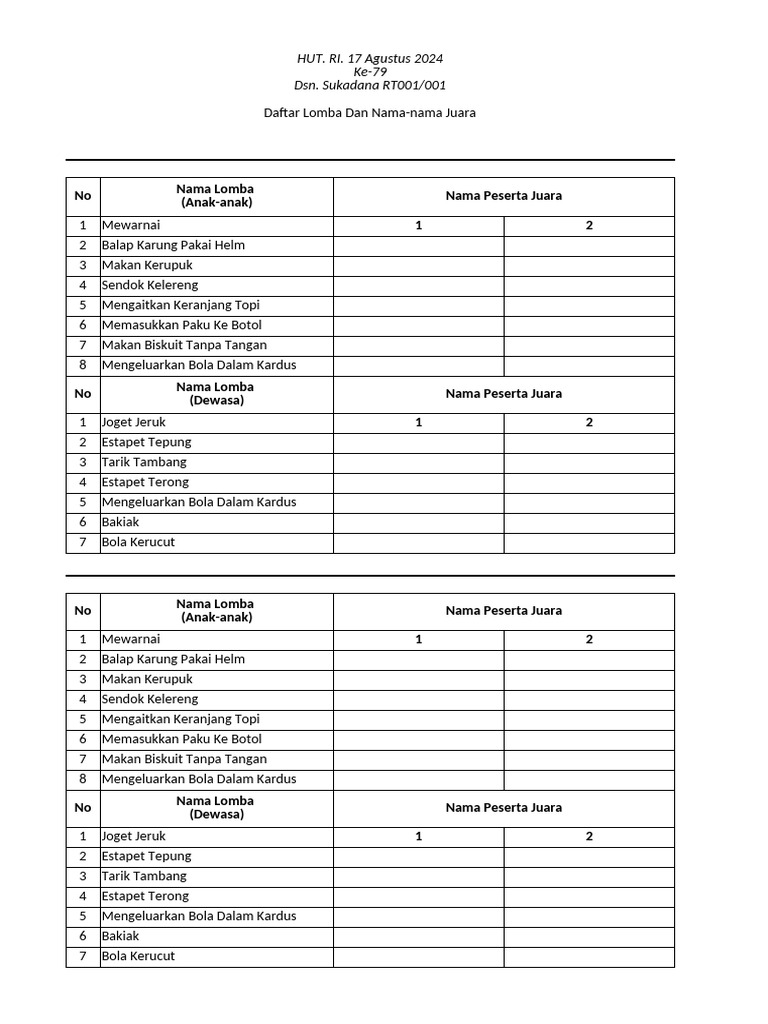 Form Daftar Juara | PDF