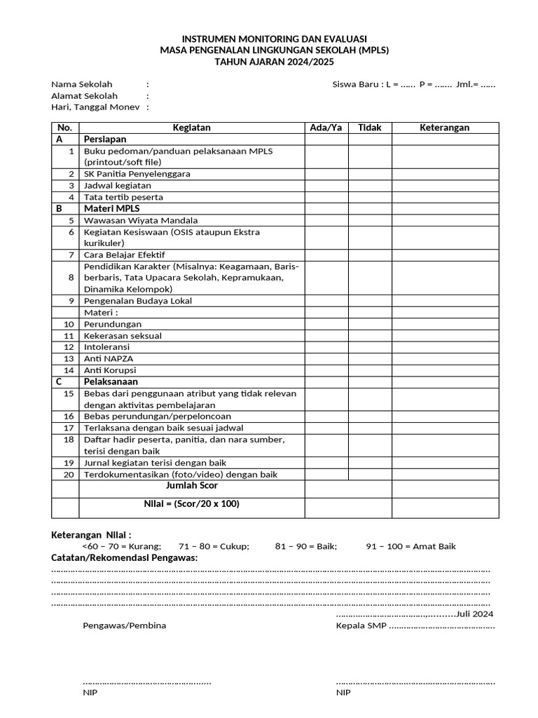 Instrumen Monev MPLS Ta. 2024 | PDF