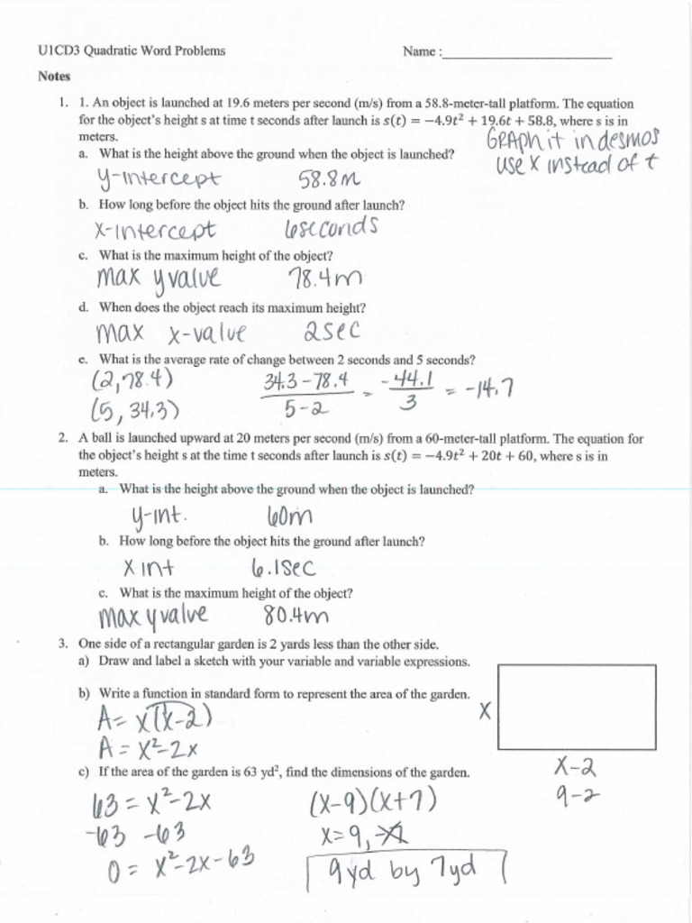 Quadratic Word Problems KEY | PDF