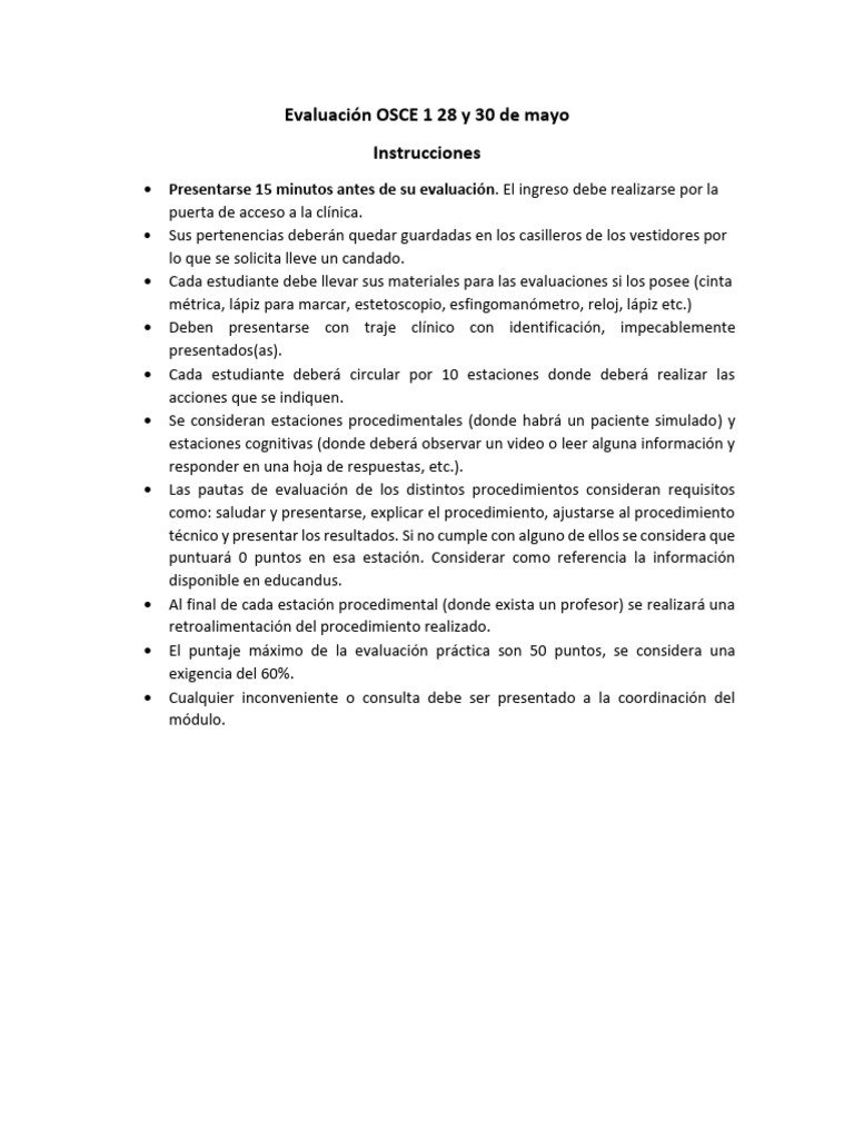 Instrucciones para Evaluación Mayo OSCE 1 | PDF
