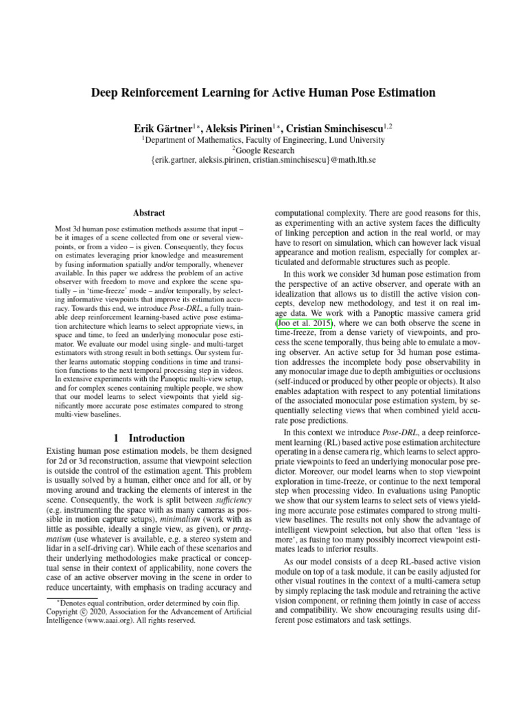 2001.02024v1 Deep Reinforcement Learning For Active Human Pose Estimation | PDF