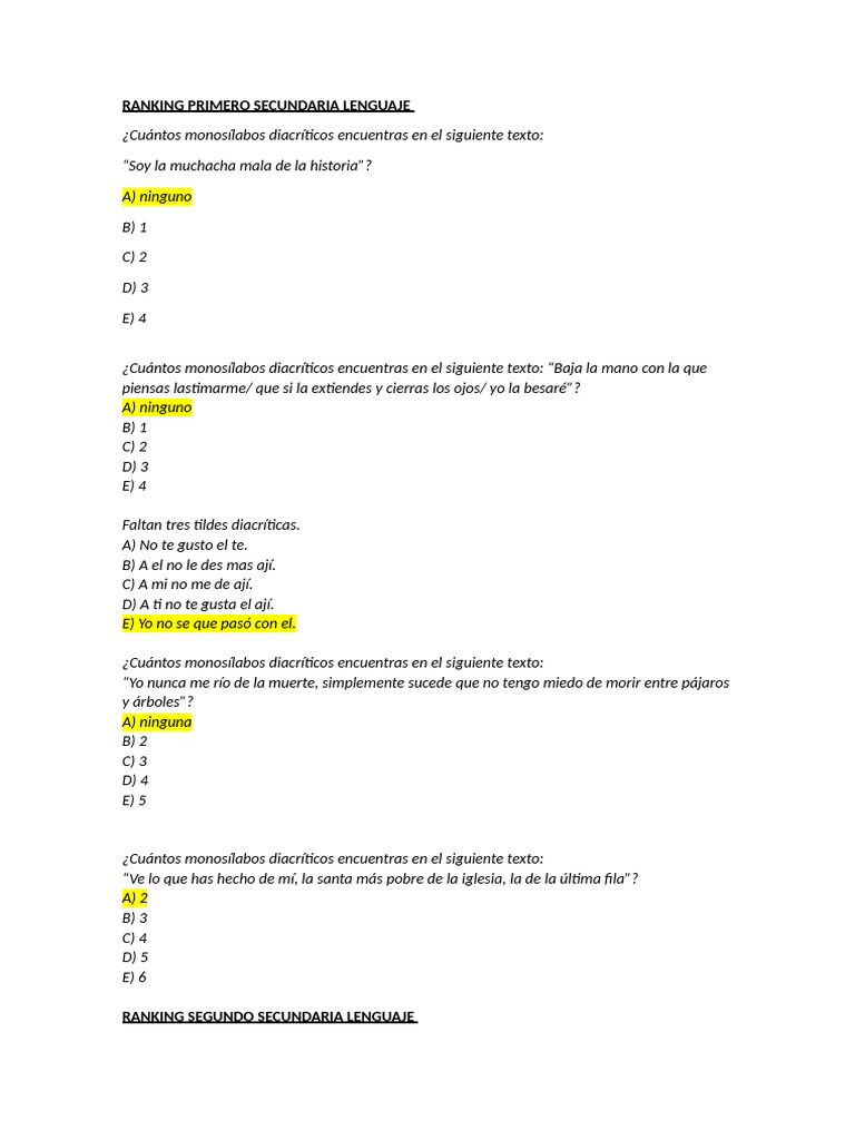 Ranking Lenguaje Primero y Segundo Sec | PDF