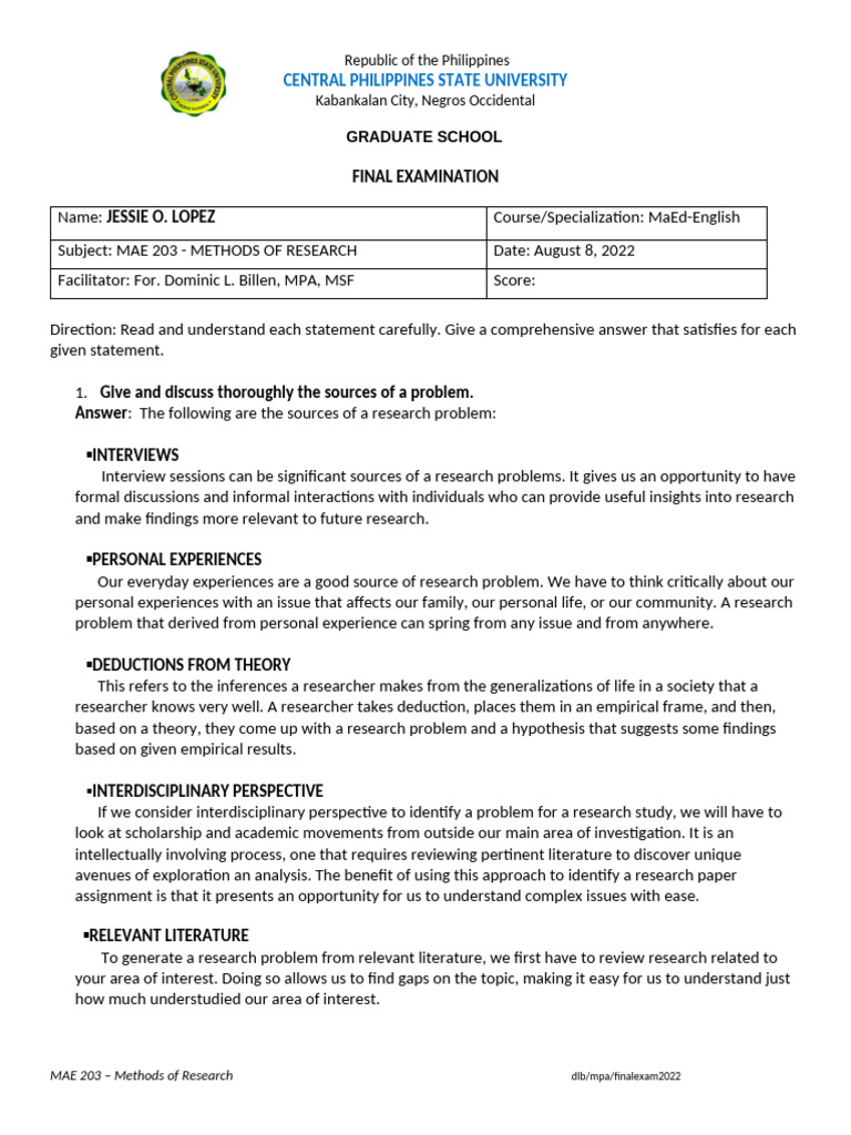 MAE 203 Methods of Research Final Exam 1 | PDF