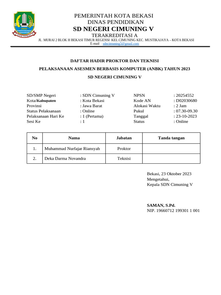 Berita Acara Dan Daftar Hadir Proktor Teknisi Anbk 2023 | PDF