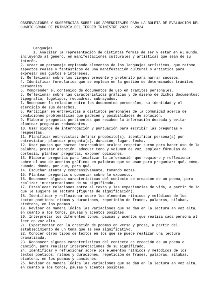 ObservacionesSugerencias4toGrado3erTrimestre23 24ME | PDF