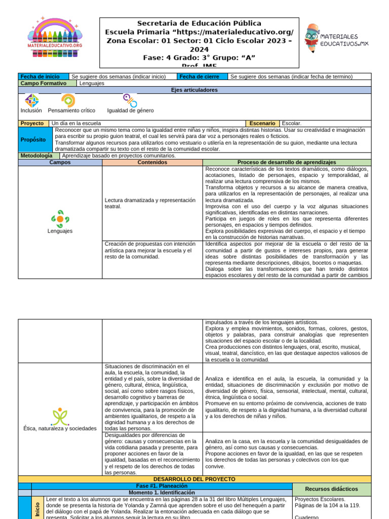 Planeación 3ergrado Proyecto Un Día en La Escuela | PDF