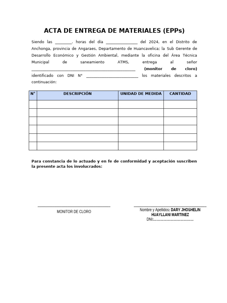 Acta de Entrega de Materiales - Alto Marainiyocc | PDF