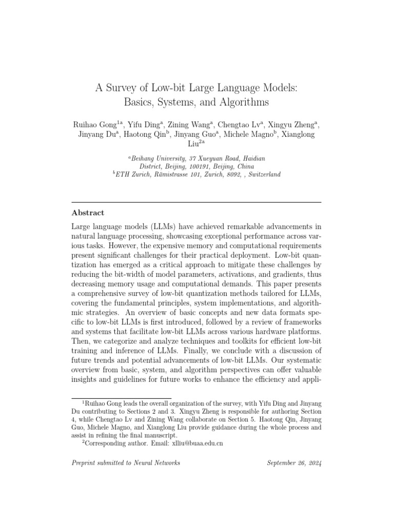 A Survey Of Low Bit Large Language Models Basics Systems And Algorithms Pdf