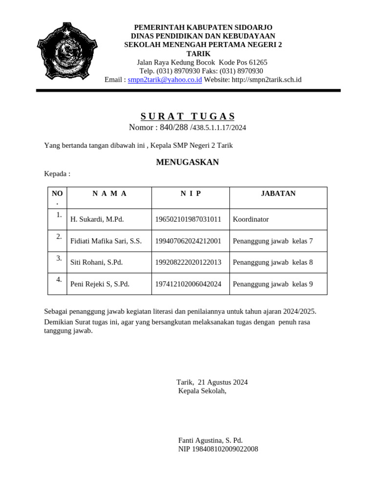 Surat Tugas Tim Literasi | PDF