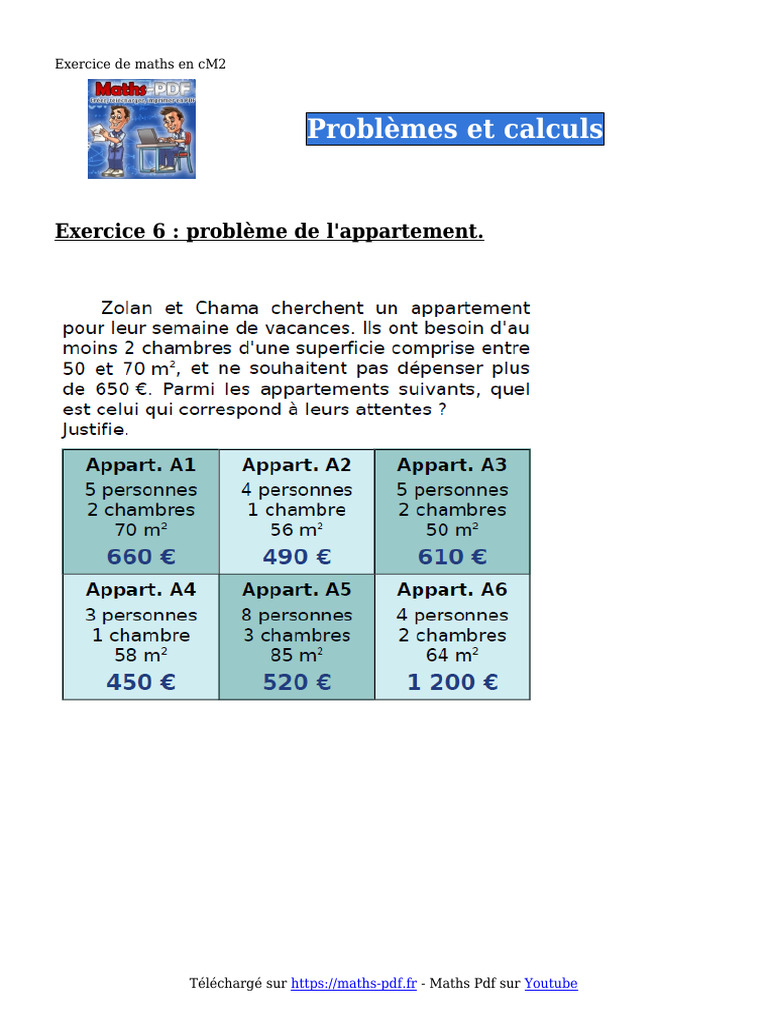 Exercice 6 Problemes Et Calculs CM2 4423 | PDF