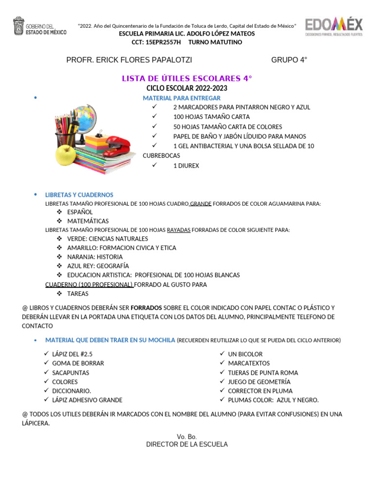 Lista de Útiles Escolares 4 | PDF | Papelería | Implementos de escritura