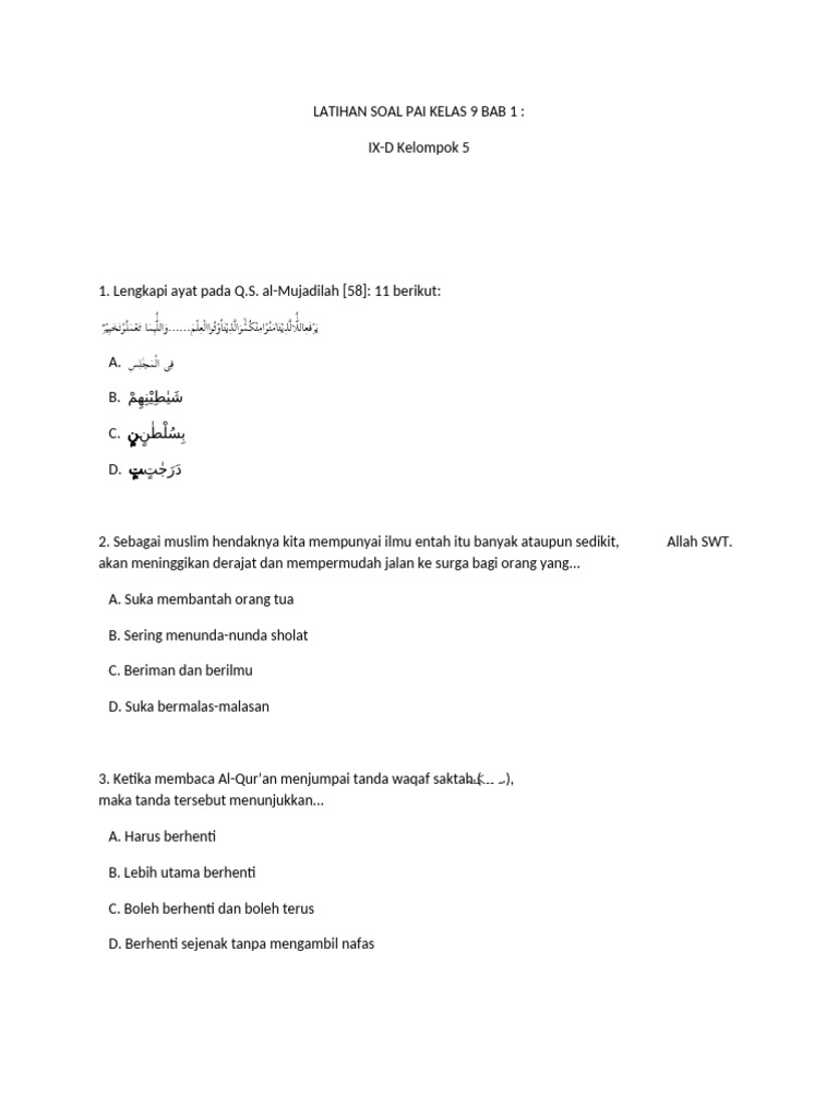 9d Latihan Soal Pai Kel 5 Bab 1 | PDF