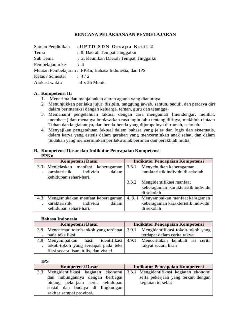 RPP Kelas 4 Tema 8 ST 2 Pemb 4 | PDF