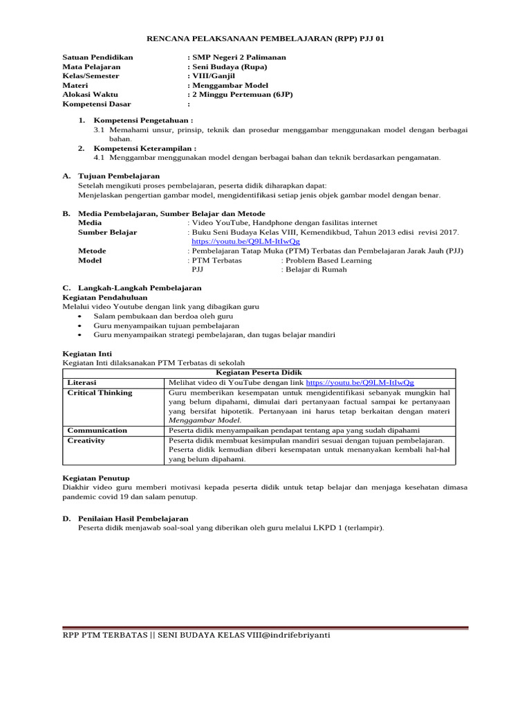 RPP 1 Lembar SBK KLS 8 2022 | PDF