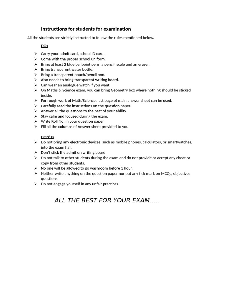 Instructions for Students for Examination | PDF