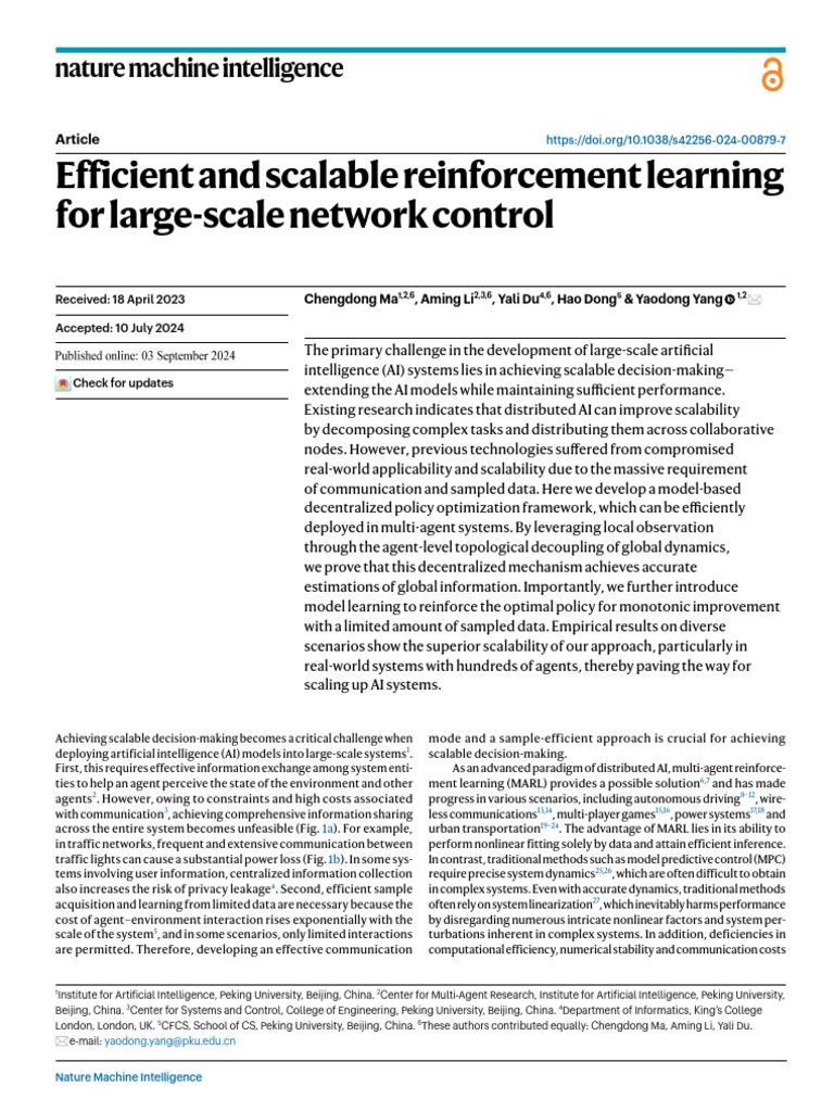 Ma 等 - 2024 - Efficient and scalable reinforcement learning for large-scale network control | PDF