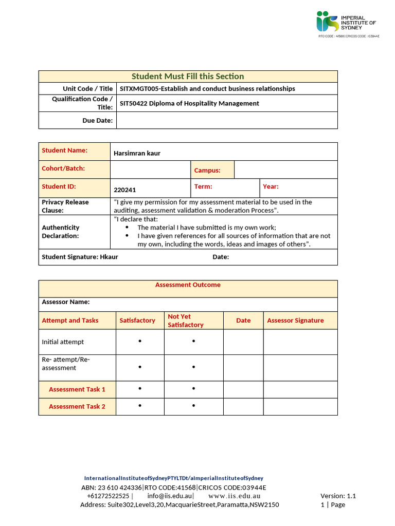 SITXMGT005 Student Assessment Tasks | PDF