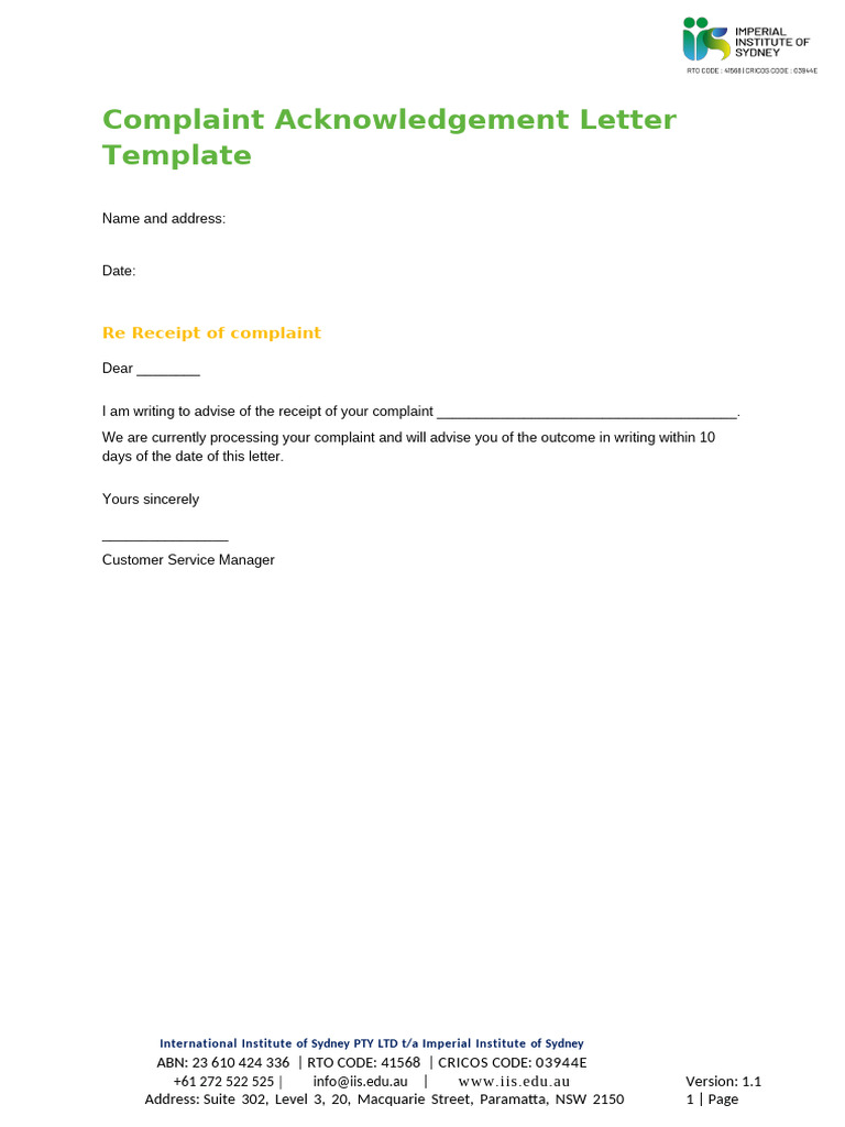 SITXCCS015 Complaint Acknowledgement Letter | PDF