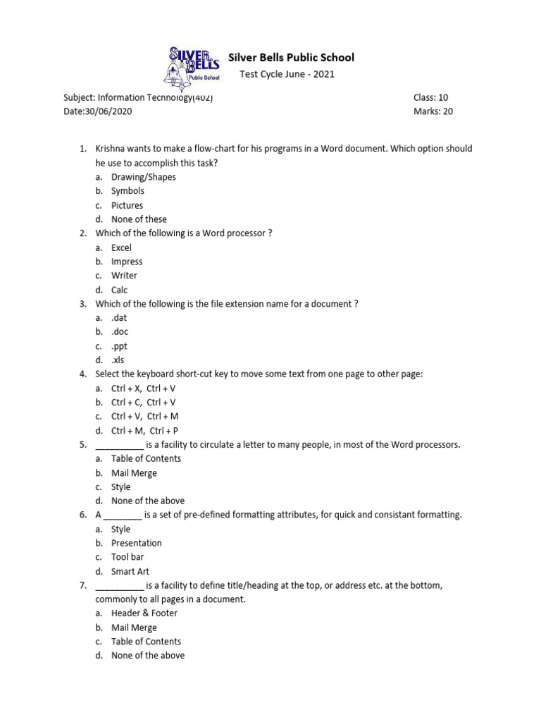 IT Test Questions for Class 10 | PDF | Control Key | Microsoft Word