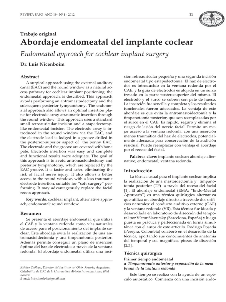 Abordaje Endomeatal Del Implante Coclear: Endomeatal Approach For ...