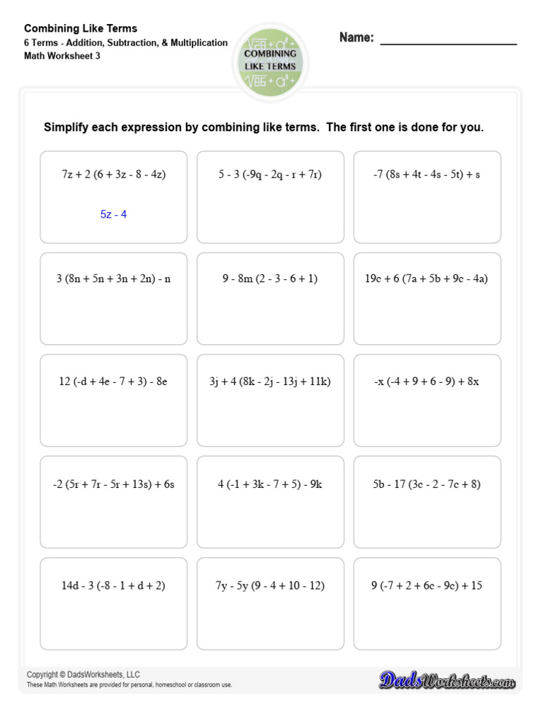 Combining Like Terms 6 Terms Addition Subtraction Multiplication v3 | PDF