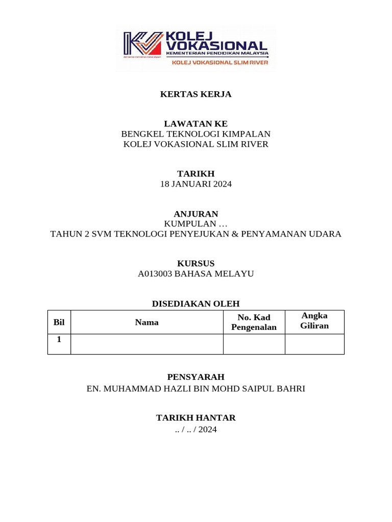 Muka Depan Kertas Kerja Program Lawatan Sambil Belajar 2 SVM | PDF