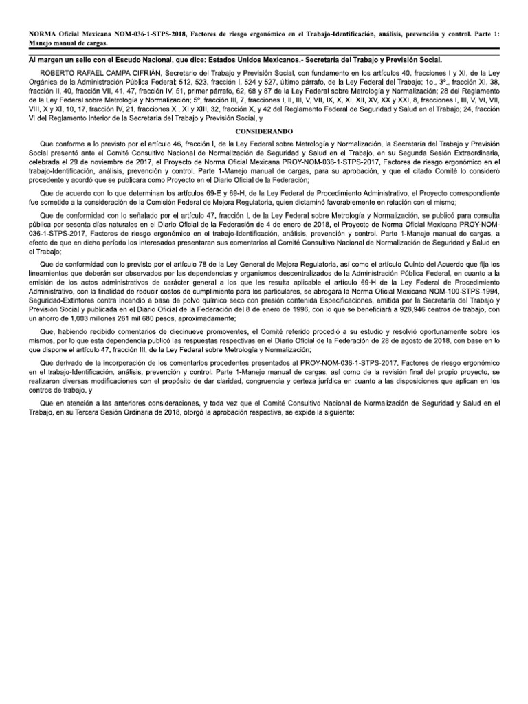 Mexicana Nom-036-1-Stps-2018, Factores de Riesgo Ergonómico en El | PDF