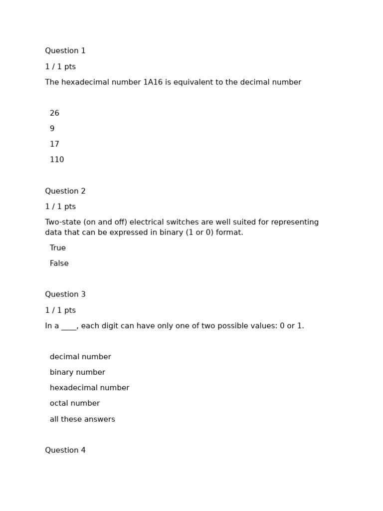 CIS 5100 Quiz 4 Digital Numbering Systems and Applications | PDF