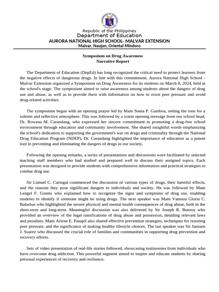 Drug Awareness Symposium Report | PDF | Social Psychology | Behavior Modification