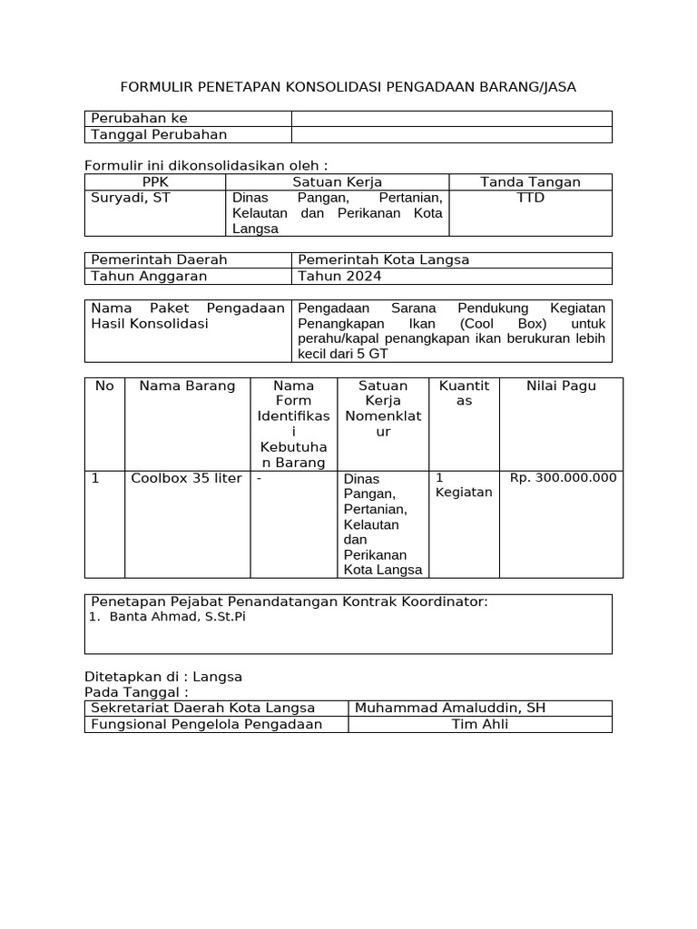 Formulir Penetapan Konsolidasi Pengadaan Barang | PDF