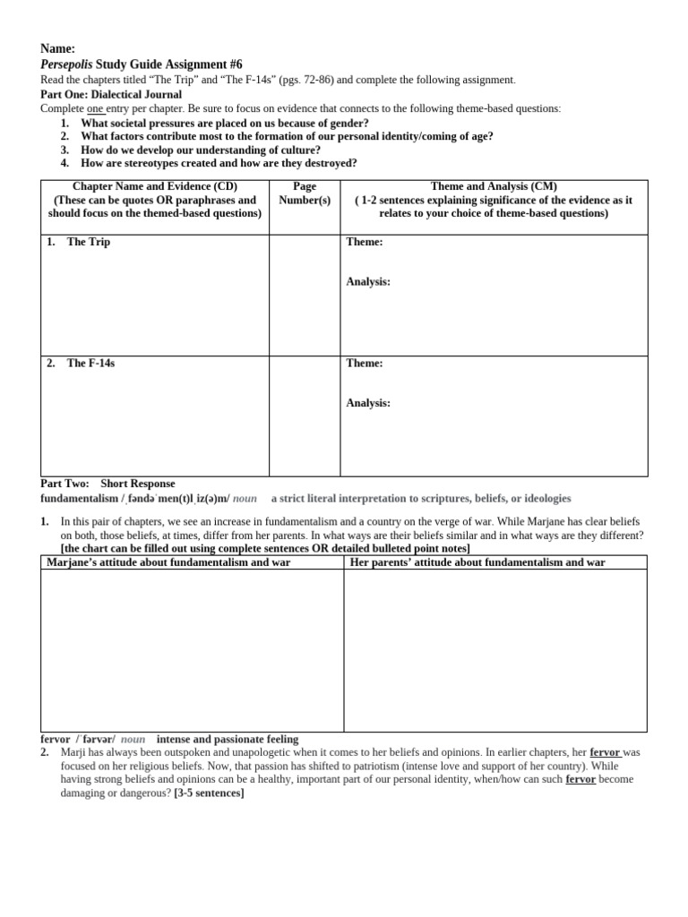 Persepolis Study Guide #6 and #7 | PDF