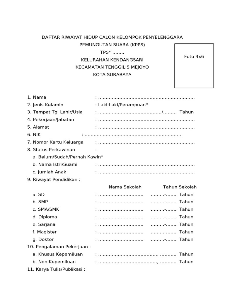 Daftar Riwayat Hidup (DRH) Kpps | PDF | Griya & Taman