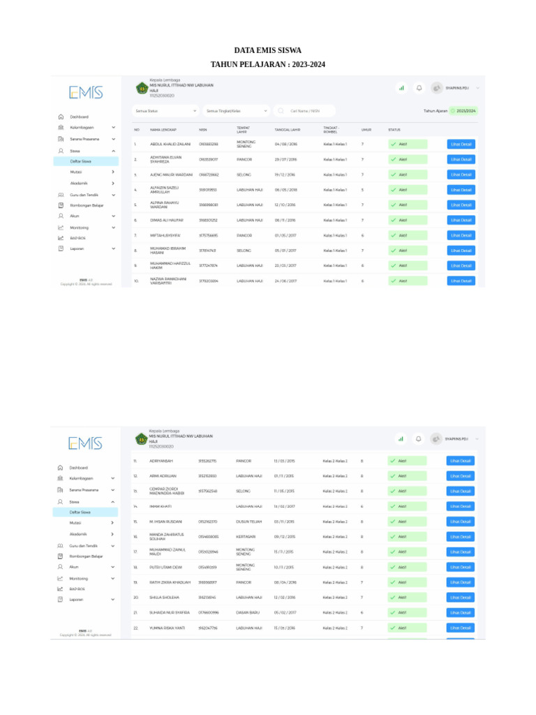 Data Emis Siswa | PDF