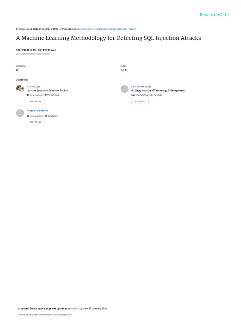 Machine Learning Methodologyfor Detecting SQLInjection Attacks | PDF