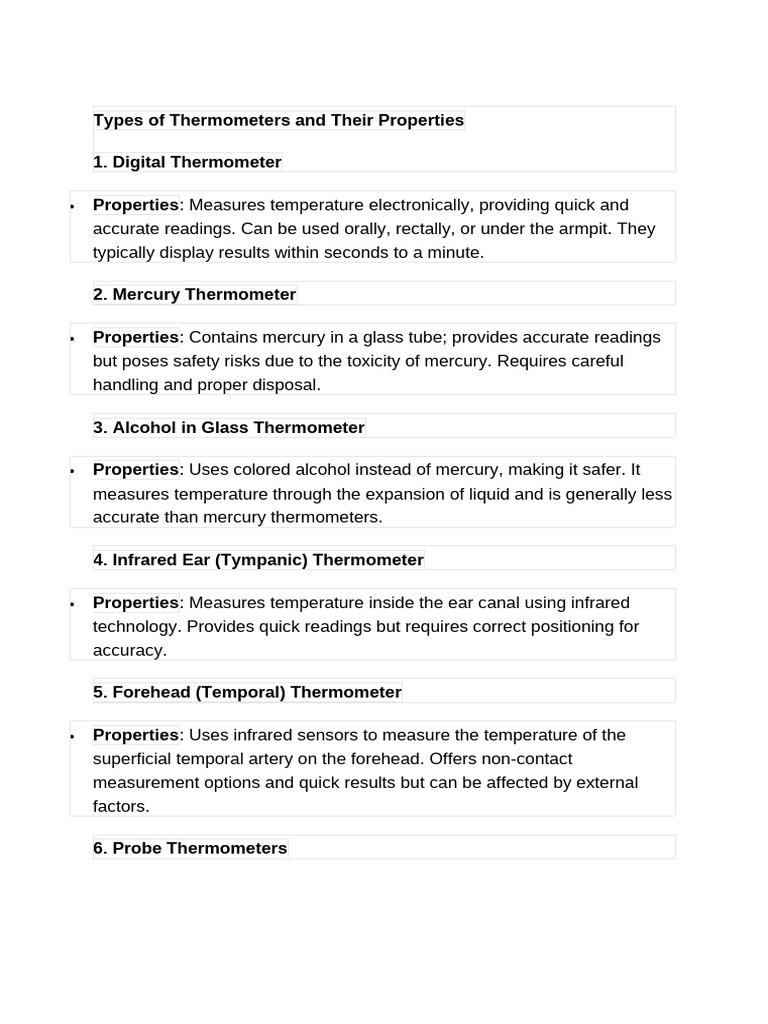 Types of Thermometers and Their Properties | PDF
