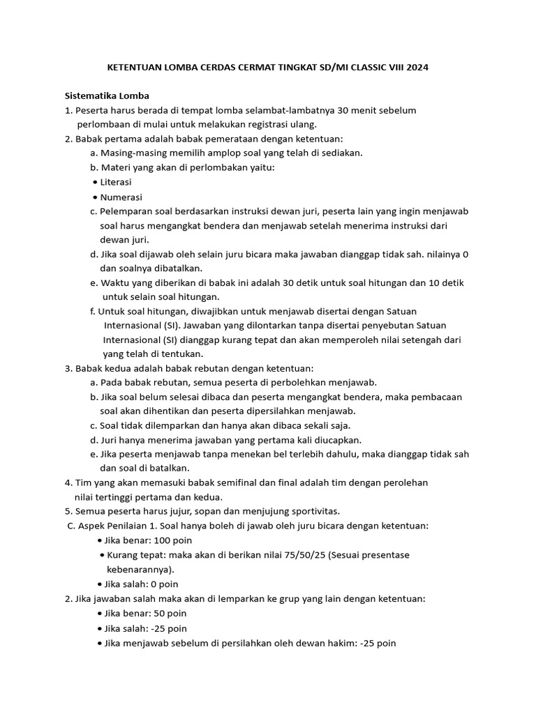 Ketentuan Lomba Cerdas Cermat Tingkat SD | PDF