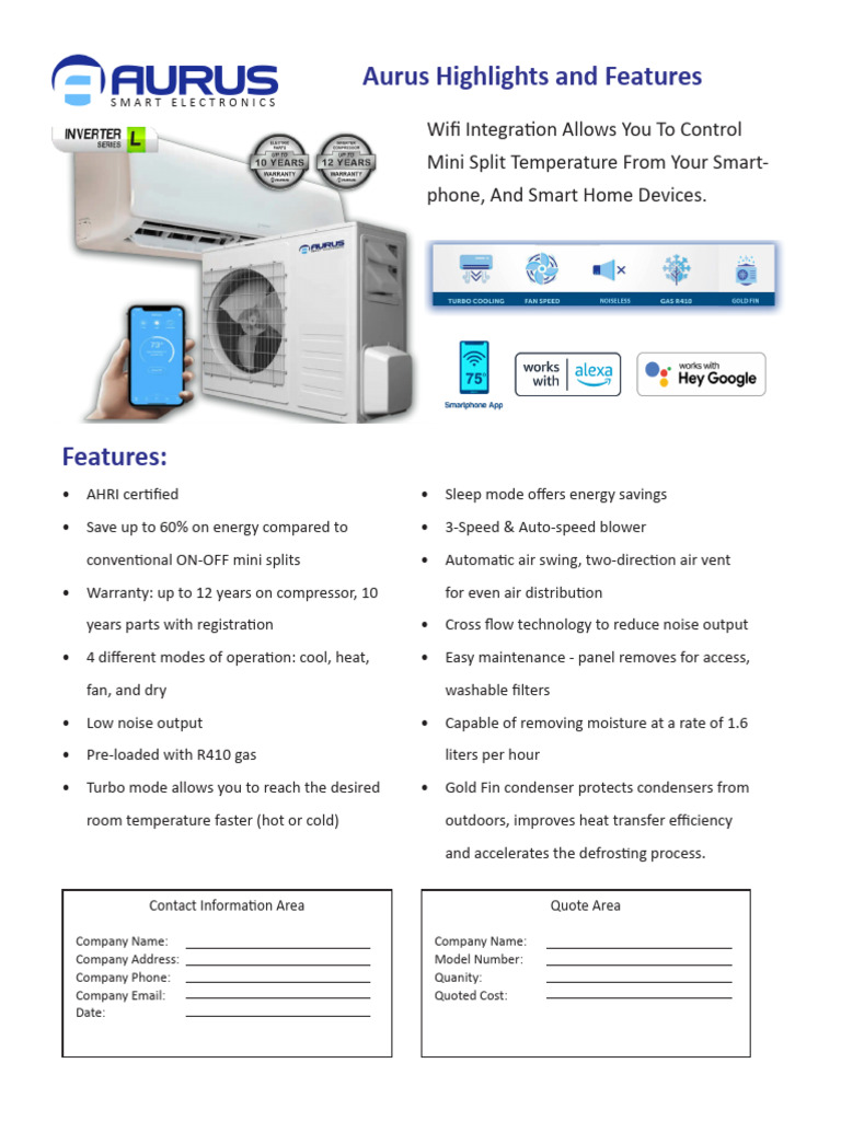 Aurus-Dustless-Mini-Splits-Specification-Sheet | PDF