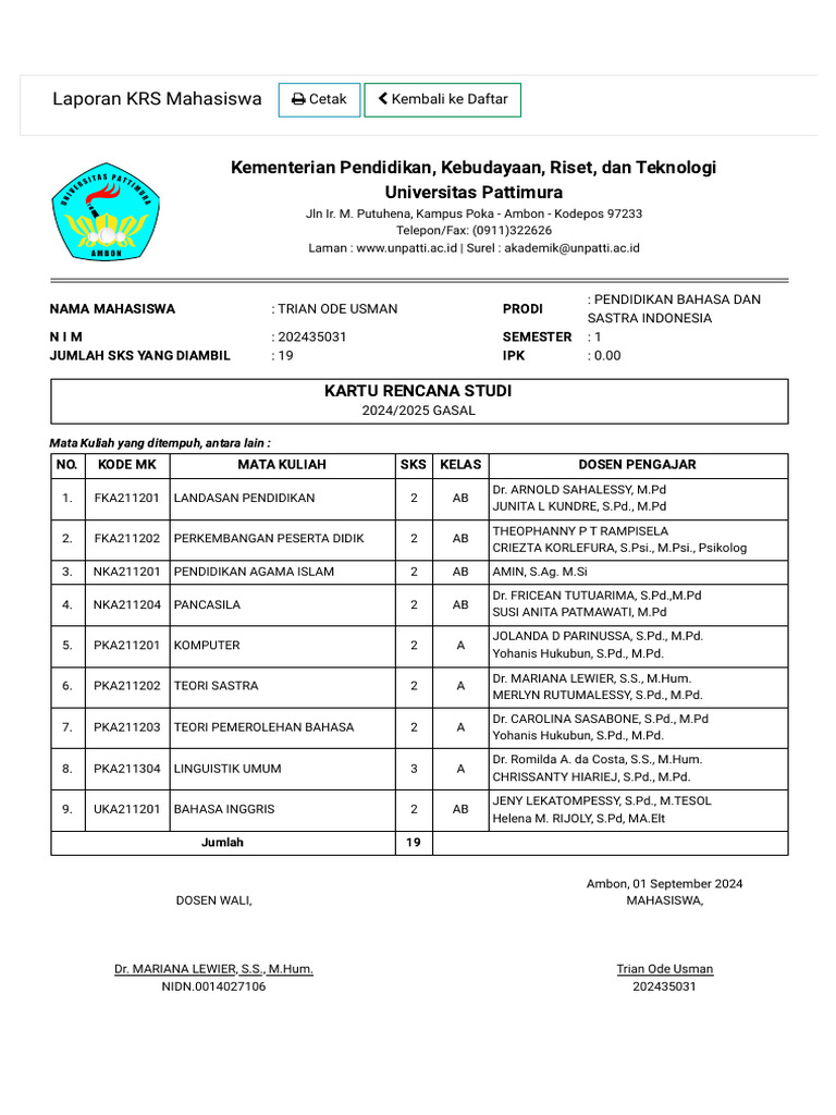 Laporan KRS Mahasiswa | PDF