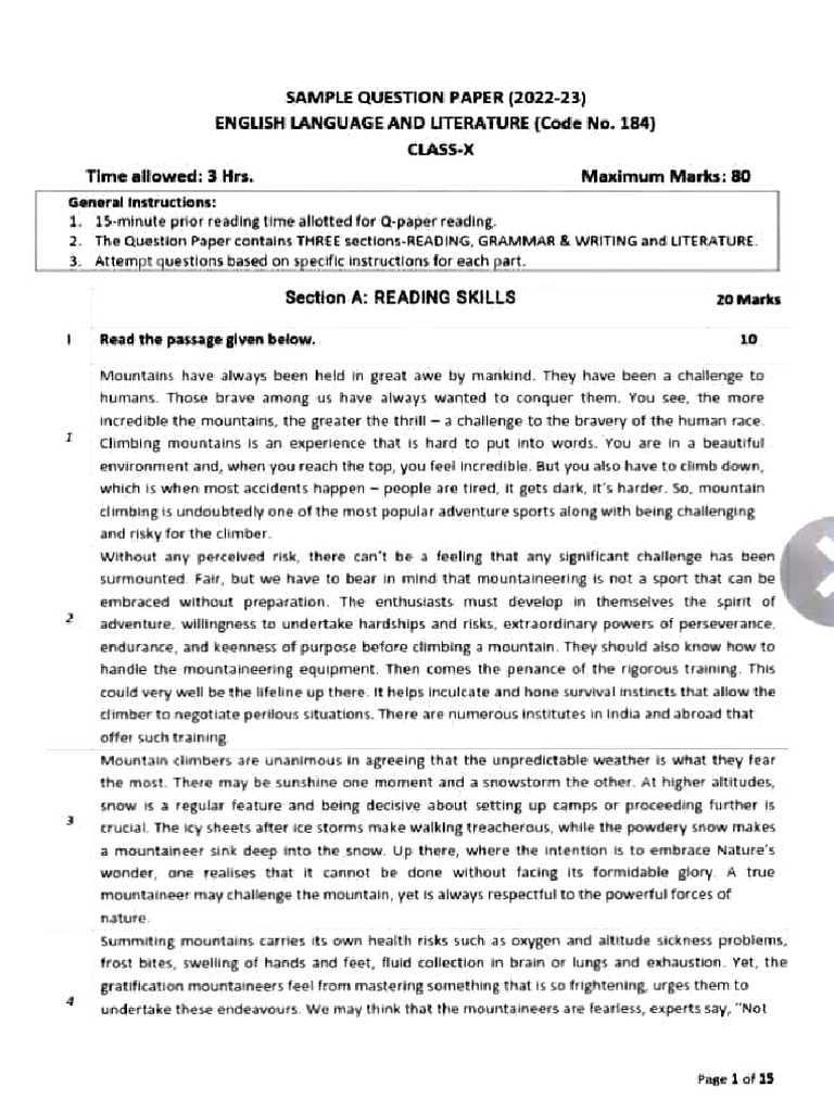 Sample English Exam Paper 2022-23 | PDF | Tourism | Mountaineering