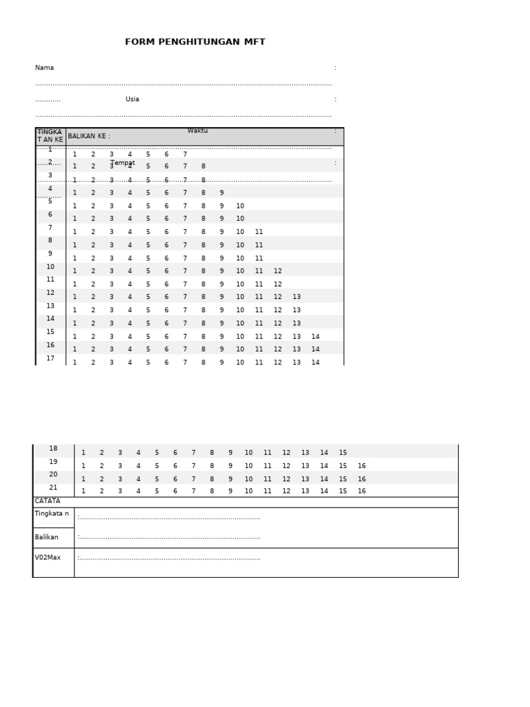 MultistageFitnesTest - Xls - Form Penghitungan MFT | PDF