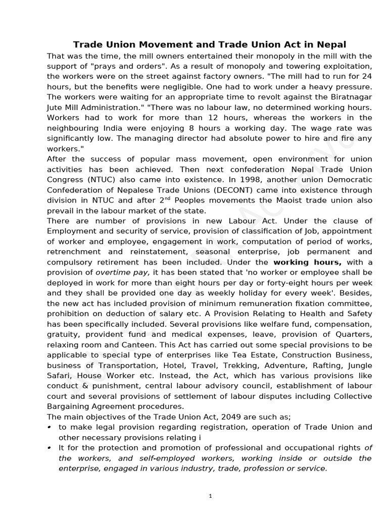 Trade Union Movement and Trade Union Act in Nepal | PDF