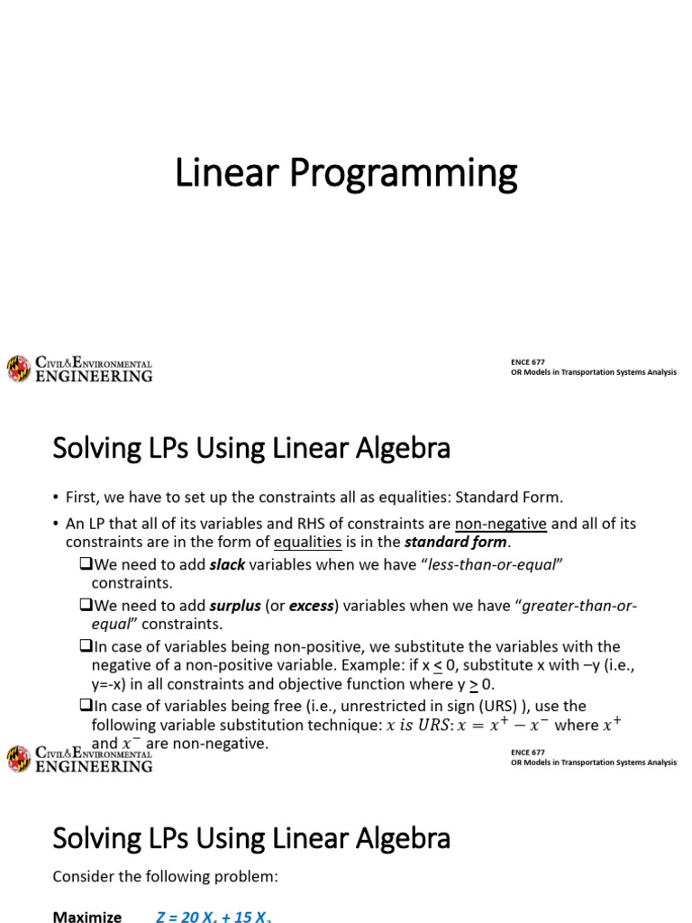 ENCE 677, W2-1.Linear Programming, Simplex Method, Simplex Tableau | PDF